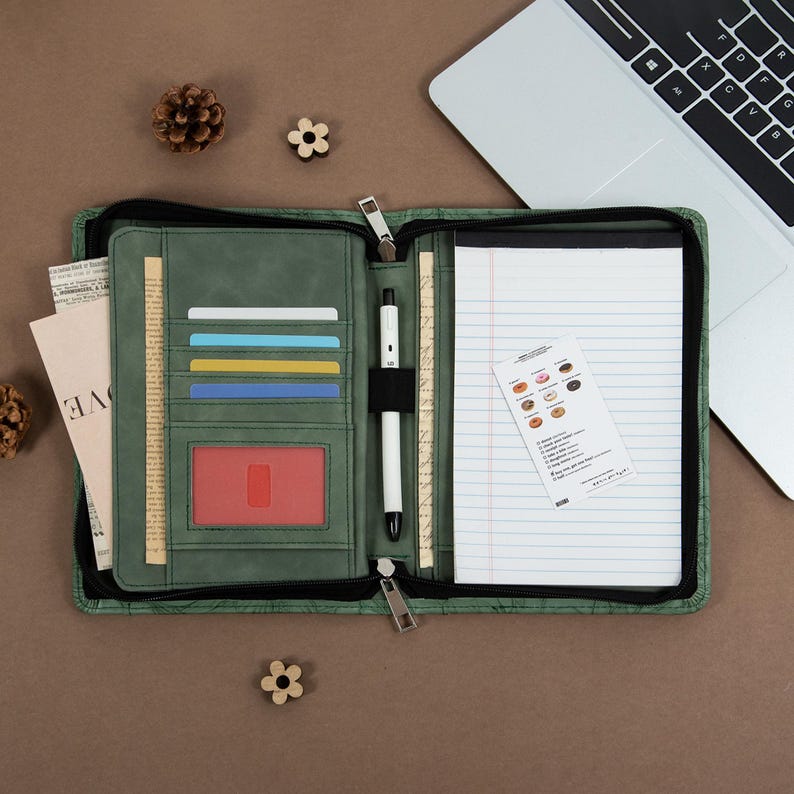 Personalized Green Leather Portfolio for Women, A5 Simple Padfolio ...