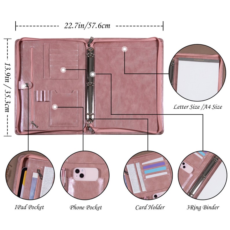 Personalized Rose Gold Leather Portfolio, 3ring Padfolio Binder Women ...