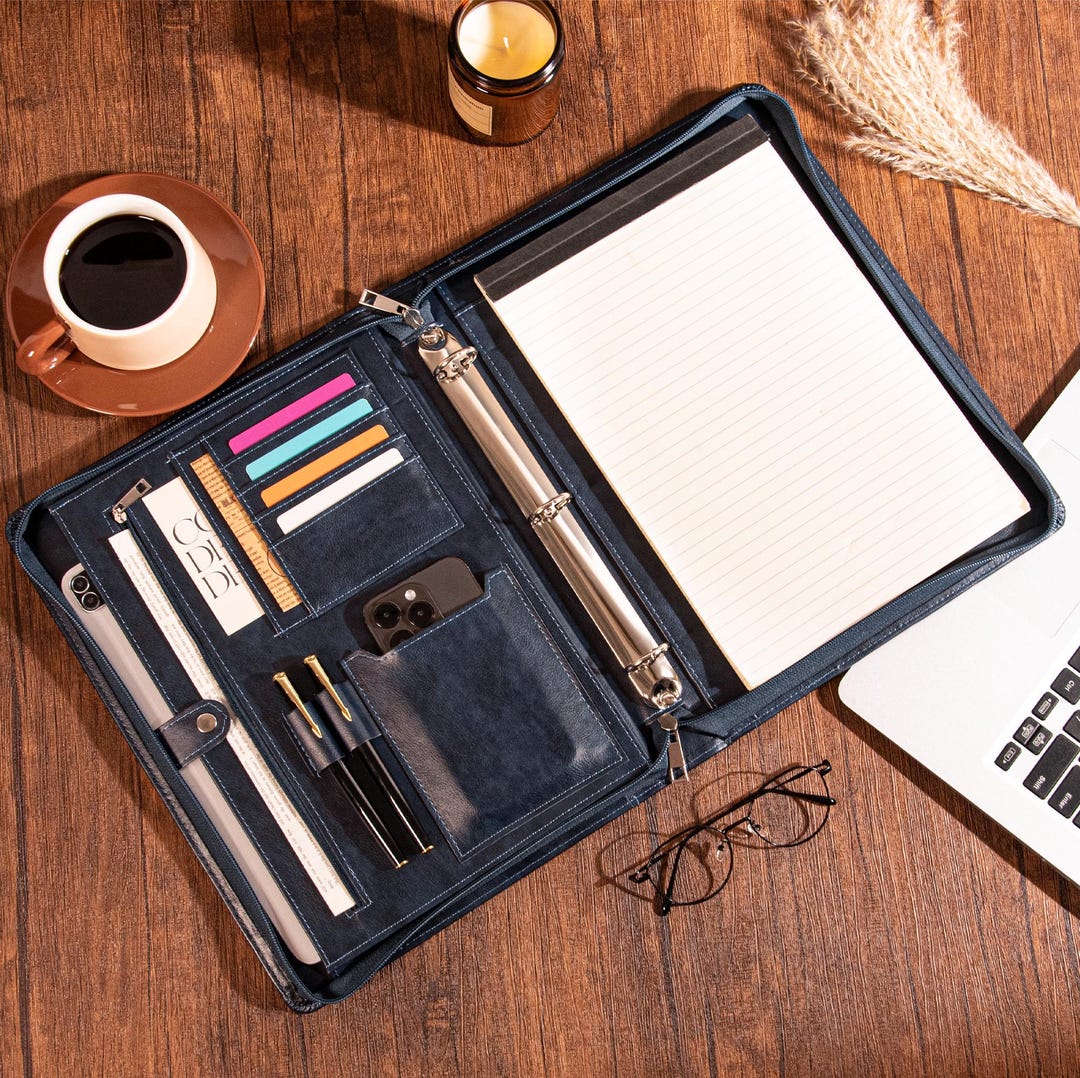Navy Blue Leather Portfolio A4, Personalized Notepad Case, 3ring Custom ...