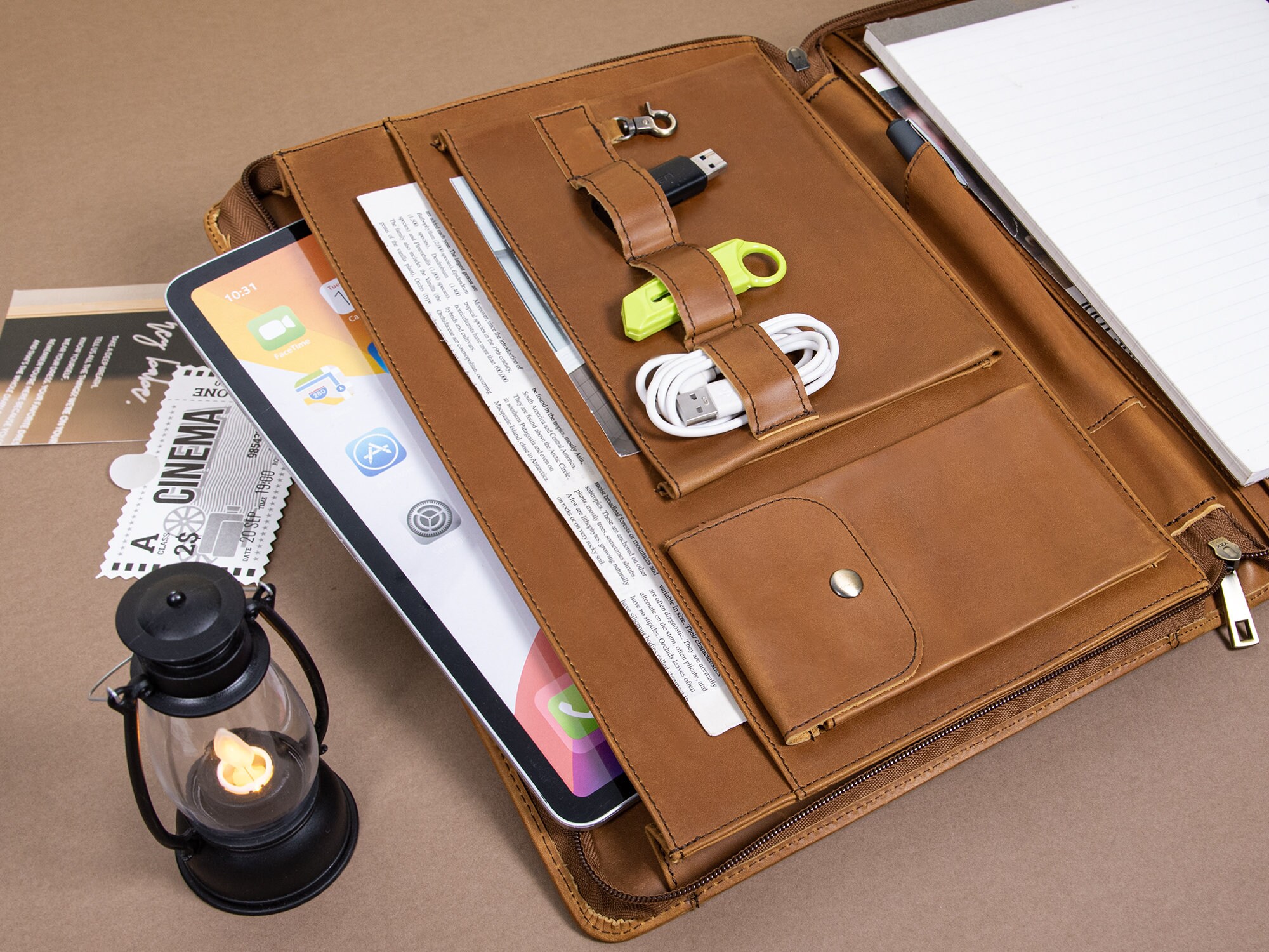 Men's A4 Personalized Brown Portfolio With Zipper, Engraved Crazy Horse ...