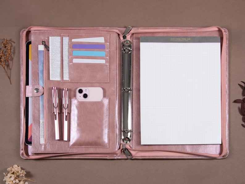 Personalized Rose Gold Leather Portfolio, 3ring Padfolio Binder Women ...