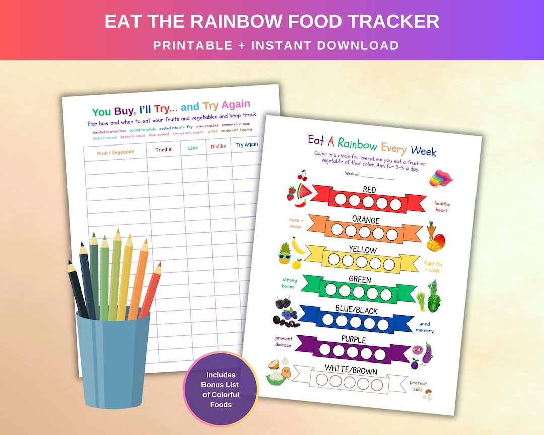 Eat A Rainbow Chart Printable, Weekly Checklist, Food Diary Journal for ...