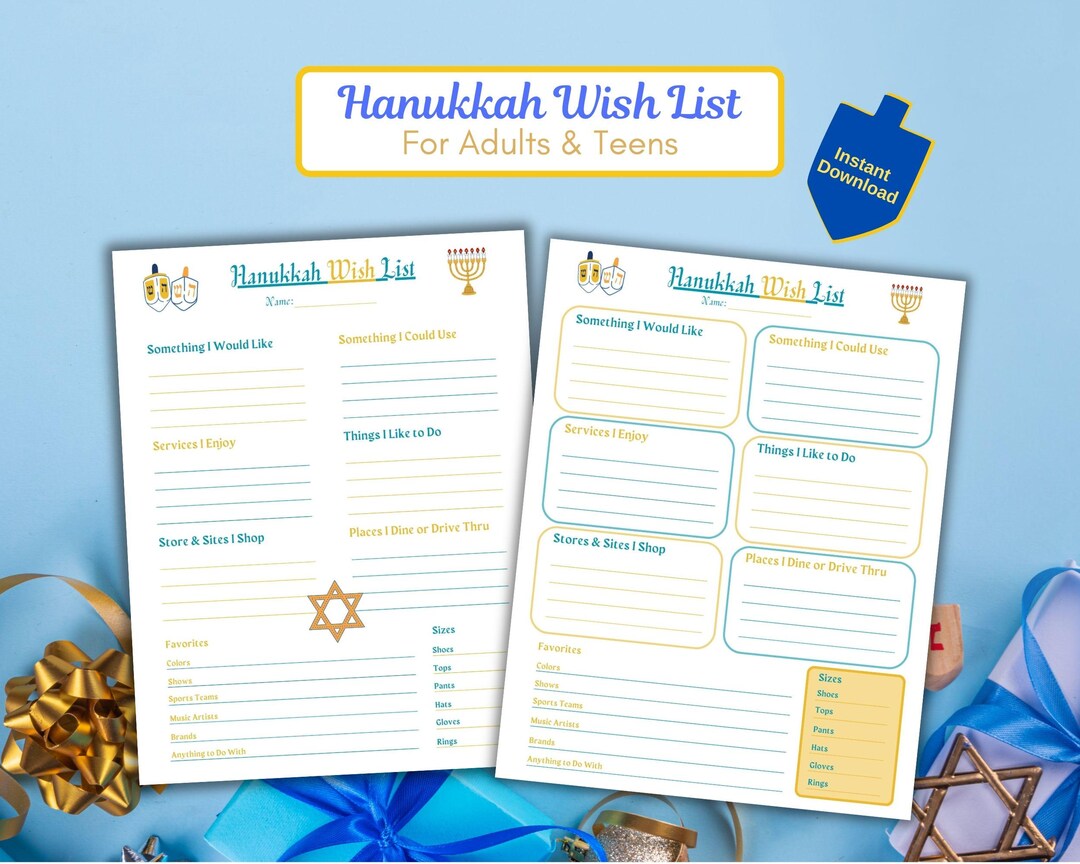 Hanukkah Wish List Printable, Wish List for Adults & Teens, Holiday ...