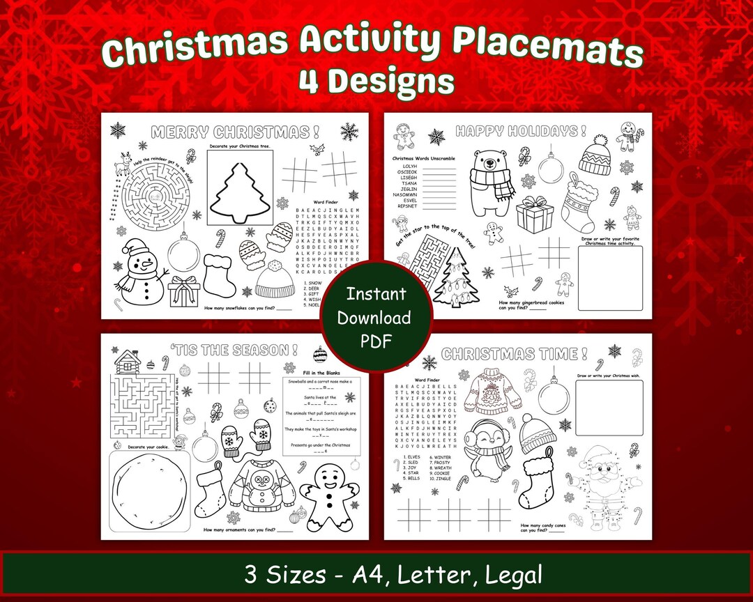 Christmas Activity Placemats, Coloring Sheet Pages, Christmas Games for ...