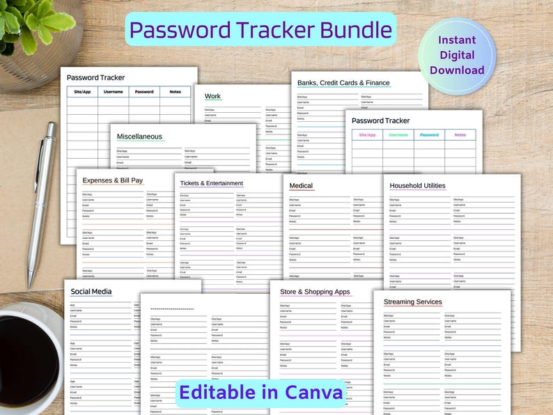 Printable Password Tracker Bundle, Editable Password Tracker Template ...