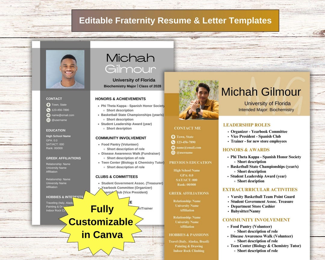 Editable Fraternity Resume and Cover Letter Template, Fraternity ...