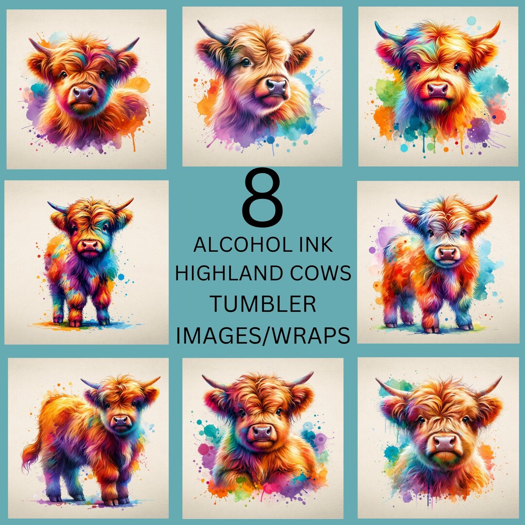 8 Alcohol Ink Highland Cow Tumbler Images/wraps Instant Download Bundle ...