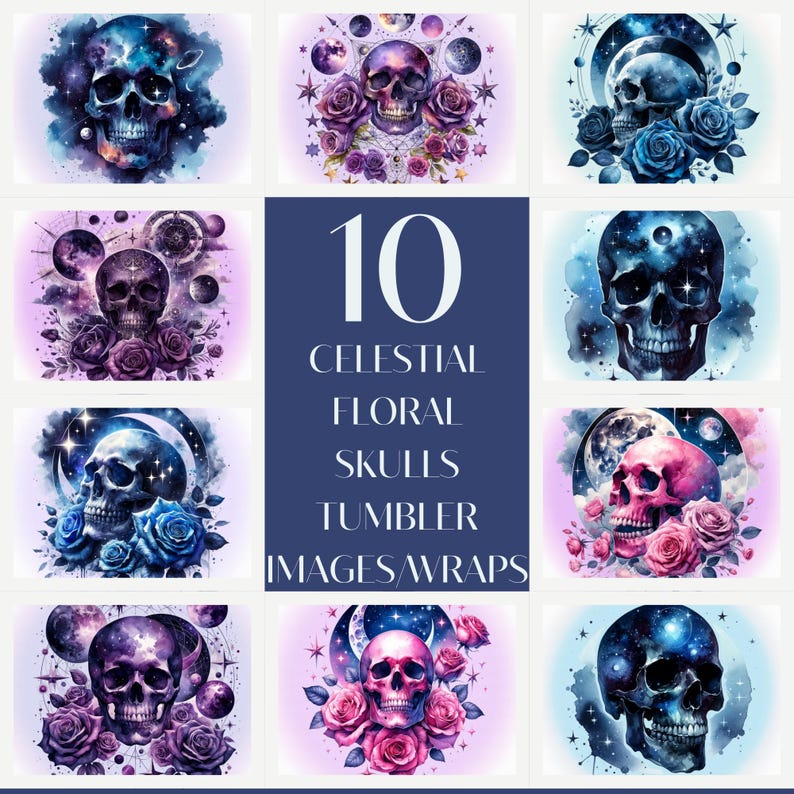 10 Celestial Floral Skulls Tumbler Images/ Wraps Instant Digital ...