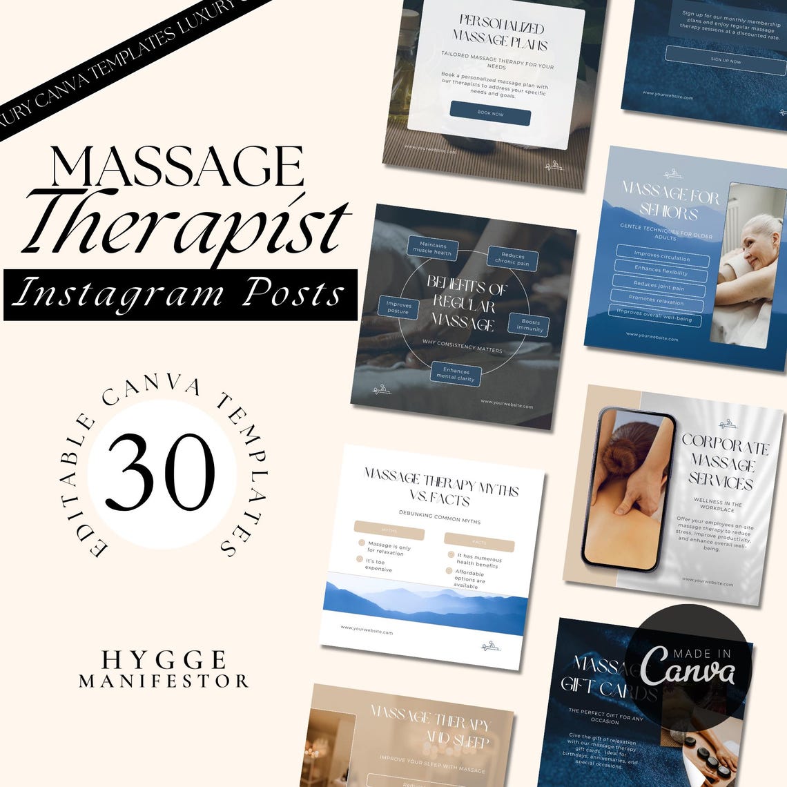 Massage Therapy Instagram Templates: Blue Canva Social Media Bundle ...