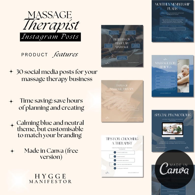 Massage Therapy Instagram Templates: Blue Canva Social Media Bundle ...