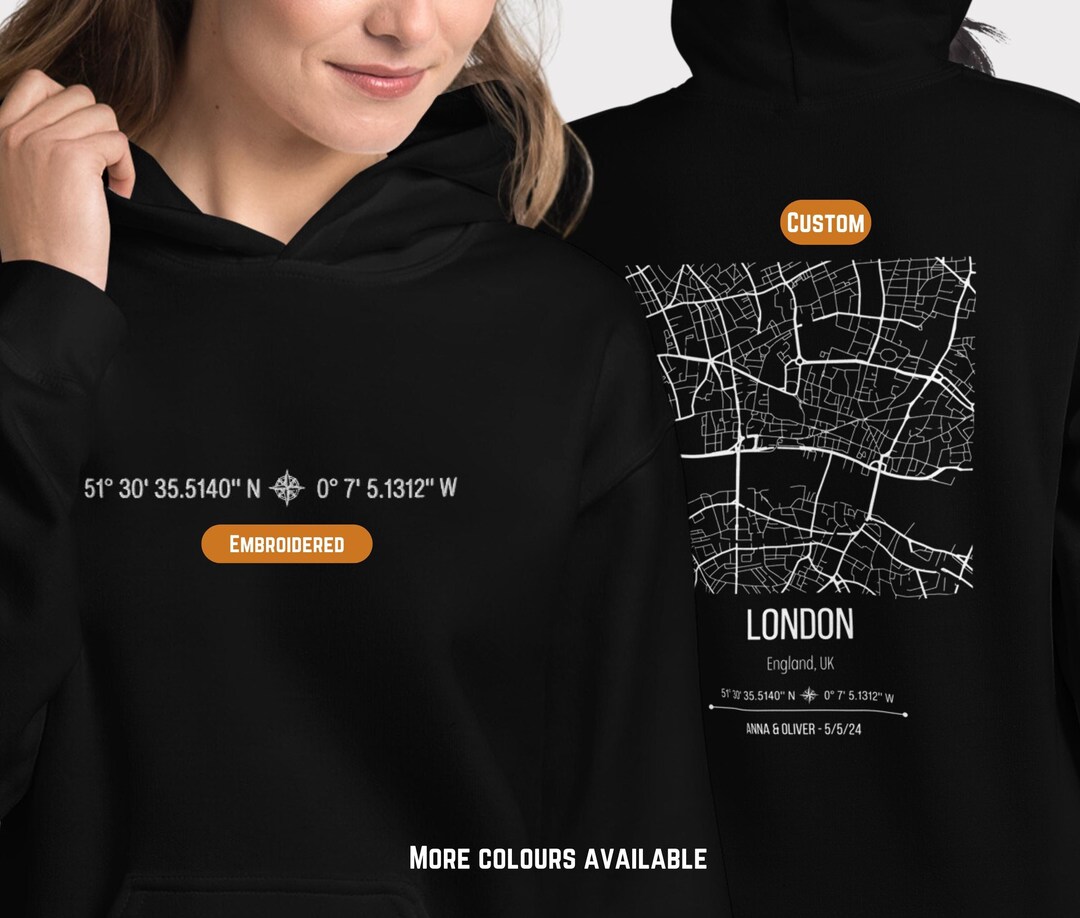 Custom Embroidered City Map Hoodie With Coordinates | Personalised ...