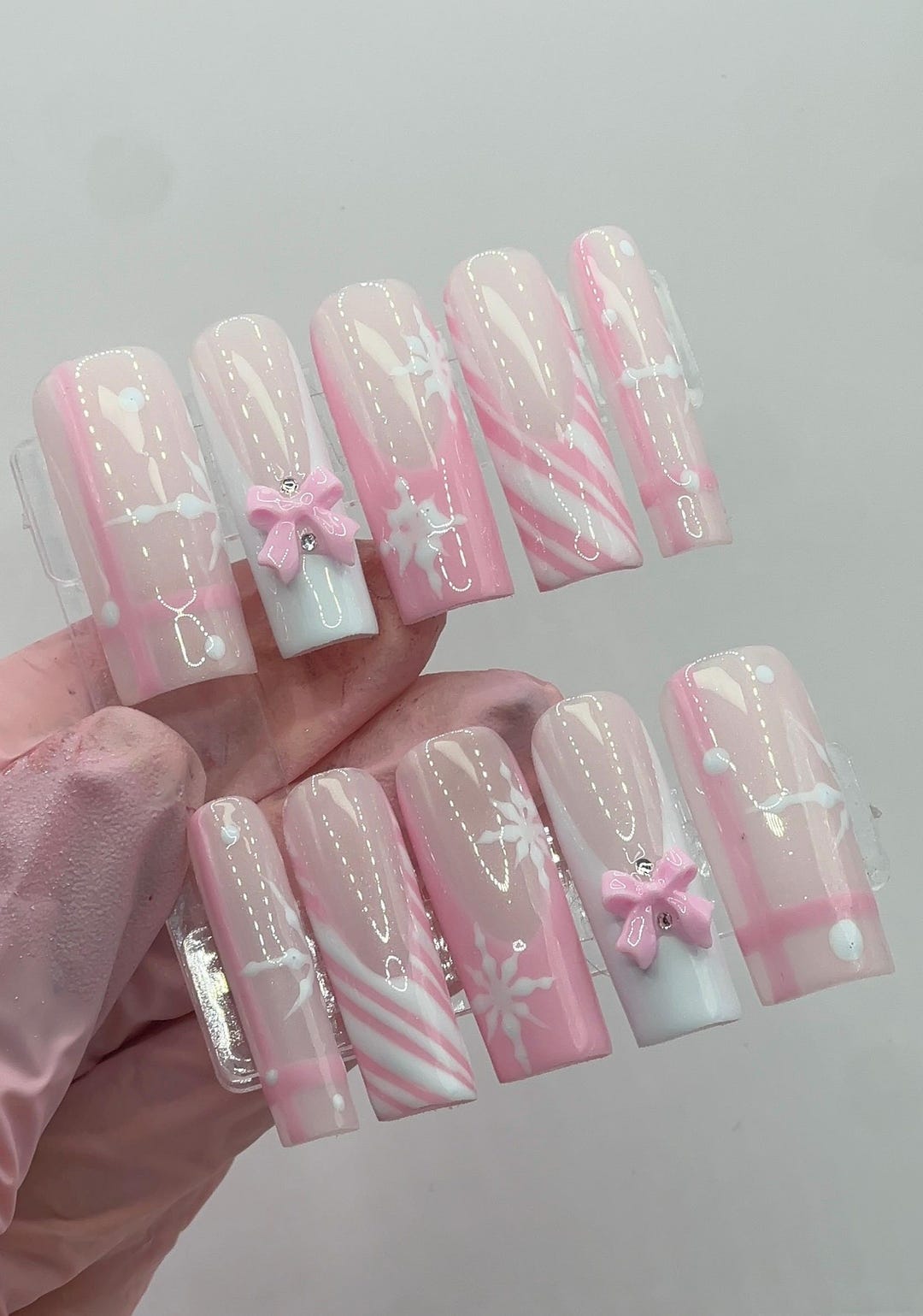 Pink Coquette Candy Cane Christmas Cutesy Snowflake Press on Nails ...