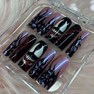 Venom 3D Black Chrome Press on Nails | Custom, Reusable and Handpainted ...