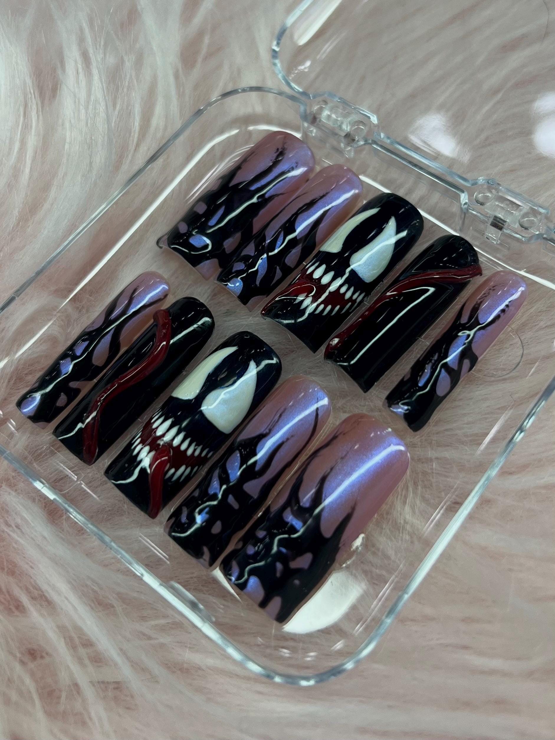 Venom 3D Black Chrome Press on Nails | Custom, Reusable and Handpainted ...