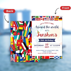 Editable Around the World Birthday Invitation | Flags Canva Template ...