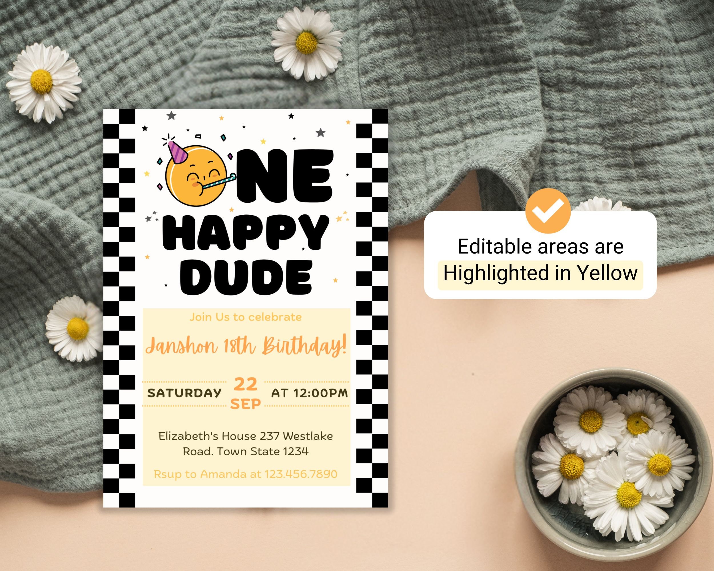One Happy Dude Birthday Invitation Template, Editable Smile Face ...