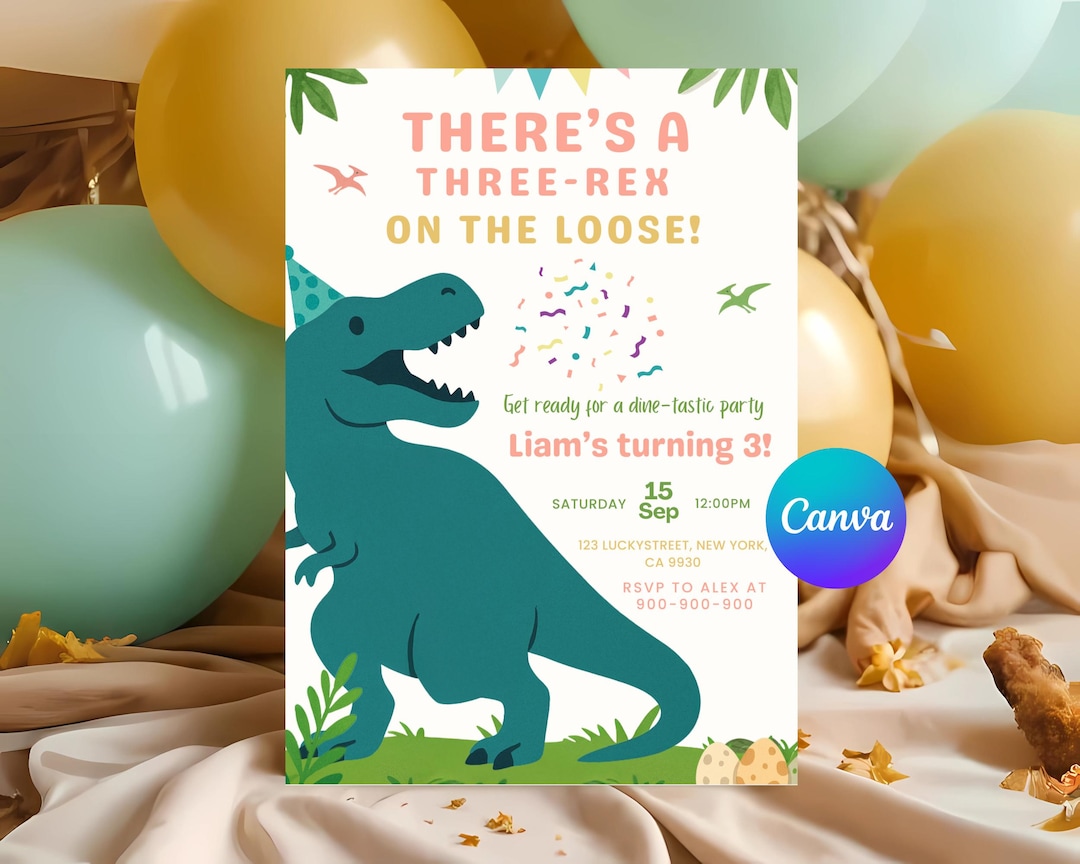 Three Rex Birthday Invitation | Dino Party, Boys 3rd Birthday (editable ...