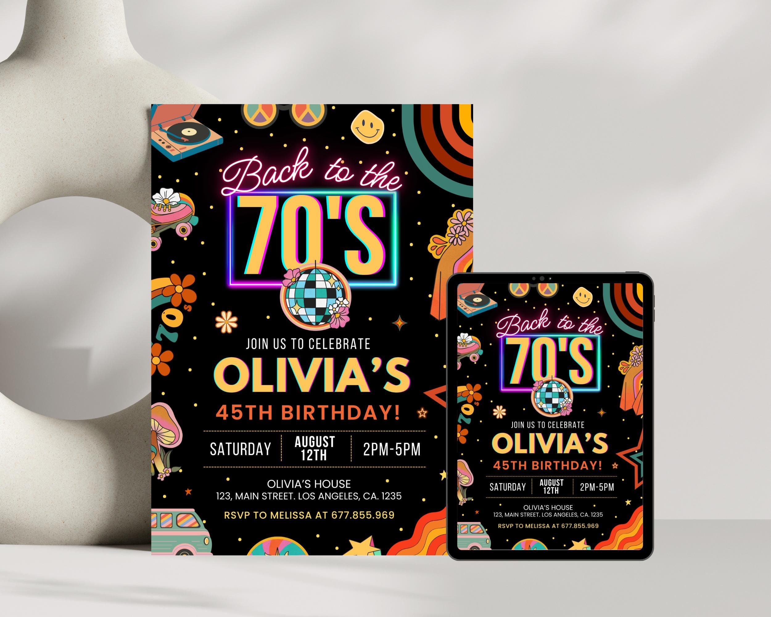 Editable 70s Birthday Party Invitation | Back to the 70s Disco Invite ...