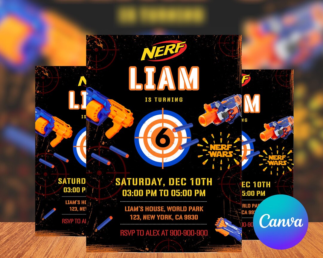 Dart Gun Battle Editable Birthday Invitation, Nerf Birthday Invitation ...