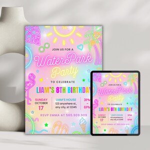 Editable Water Park Party Invitation, Birthday Invite, Glow Neon ...