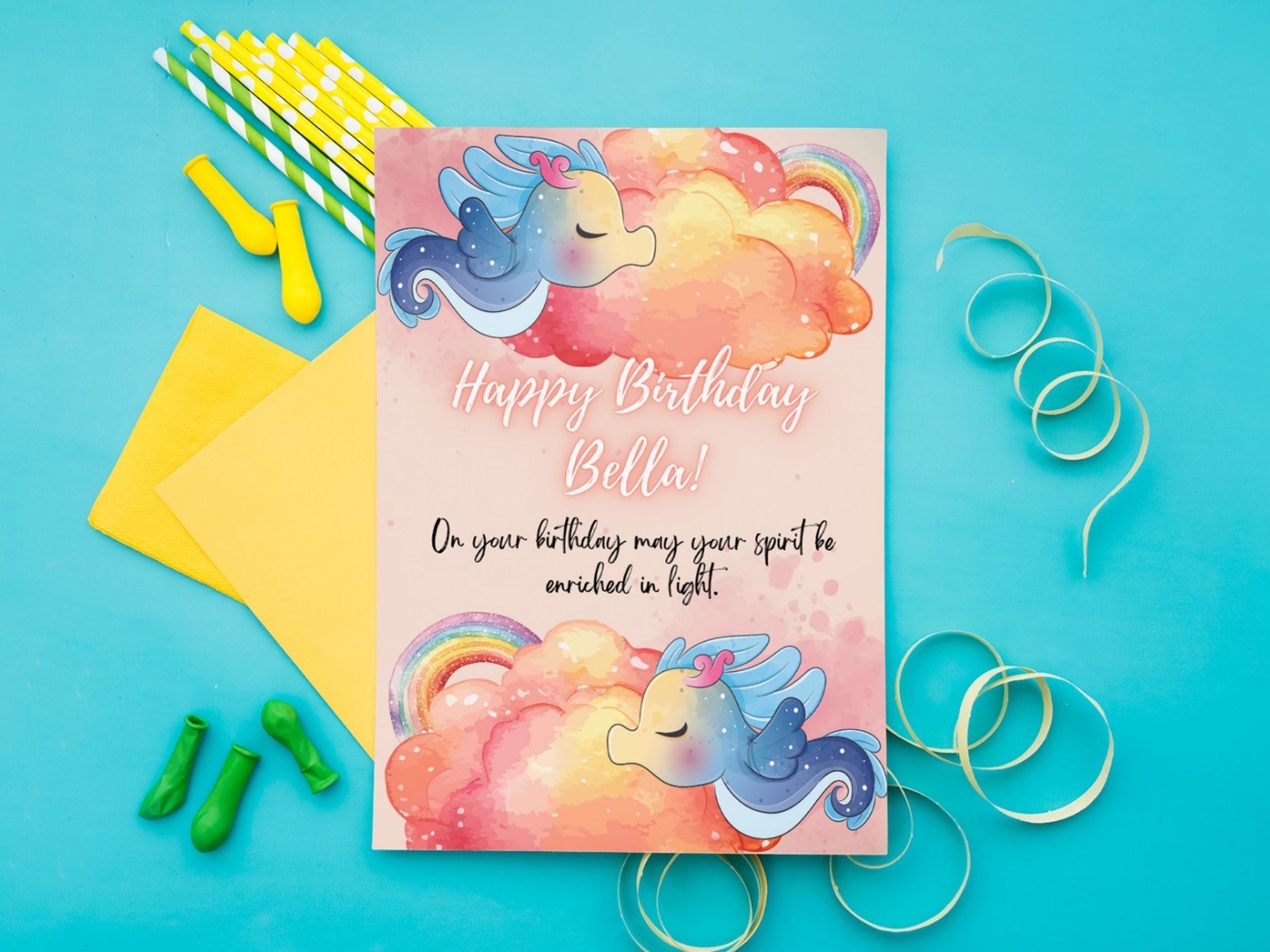 Happy Birthday Bella Card Clouds and Rainbow Design Digital Download ...