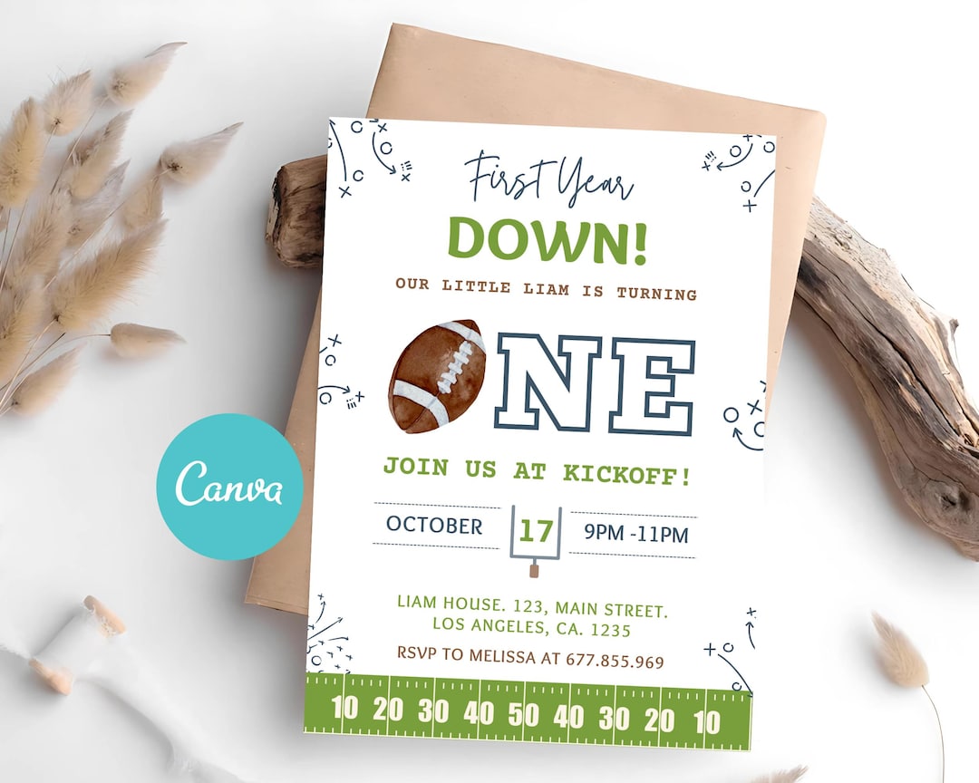 Editable First Year Down Football Birthday Invitation, Football Sunday ...