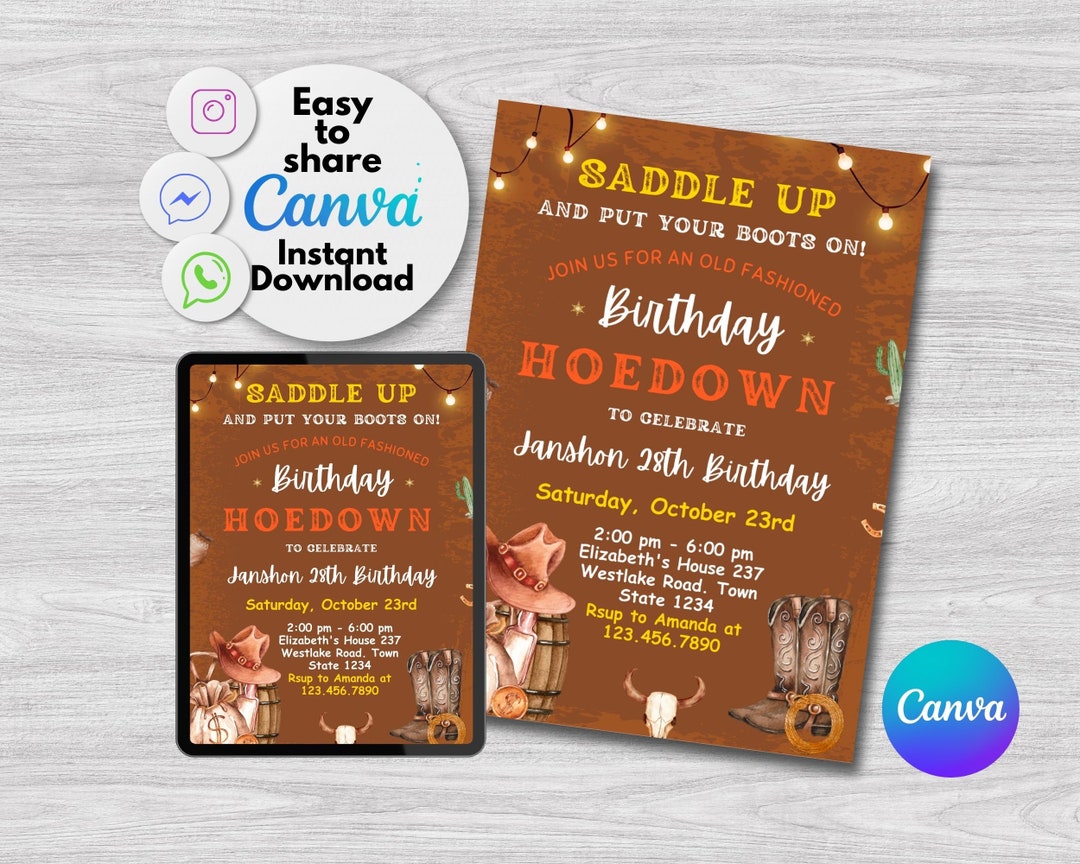 Country Western Editable Invitation | Cowboy Birthday Party Invite ...