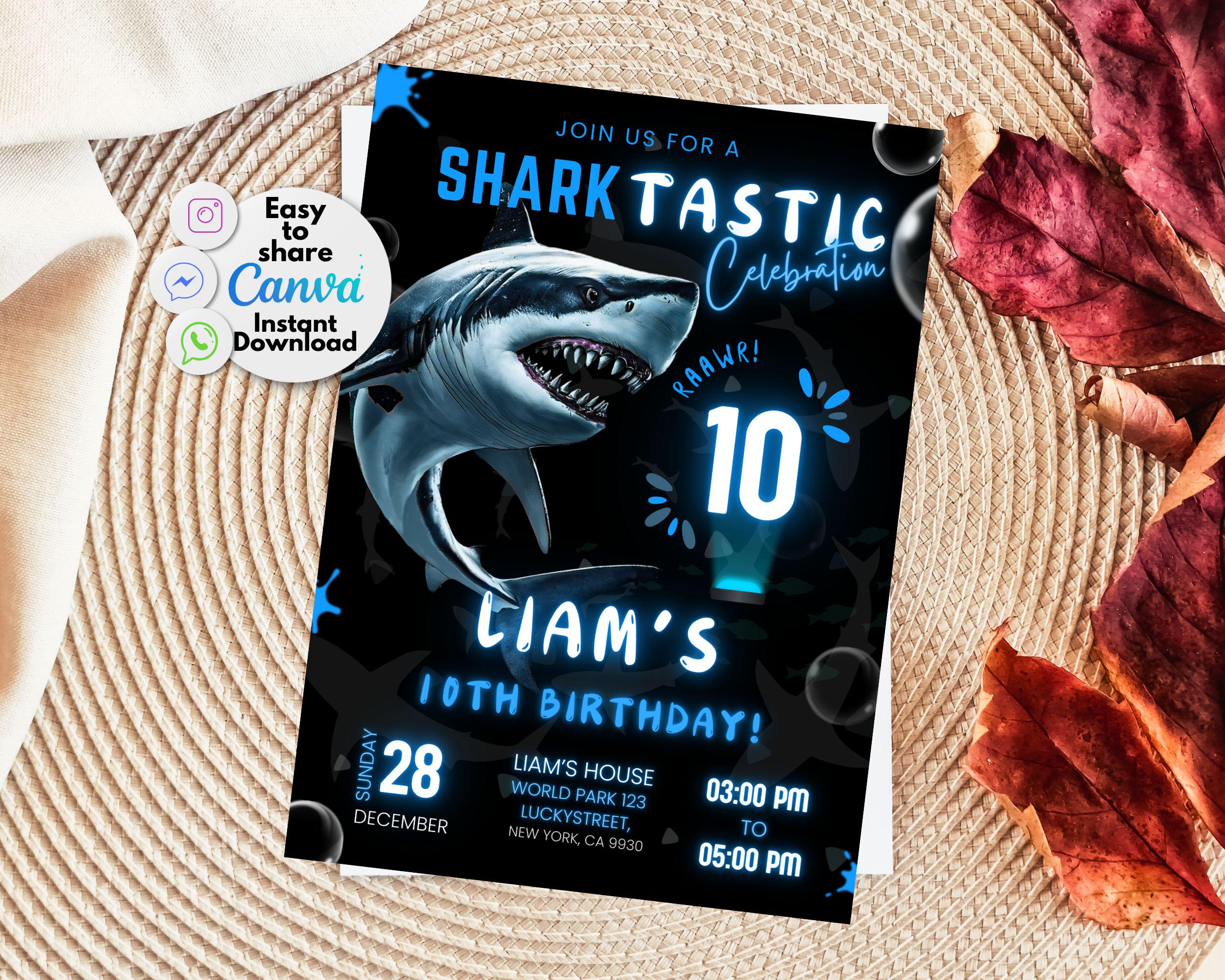 Editable Shark Invitation, Shark Invites, 5x7 Canva, Shark Birthday ...