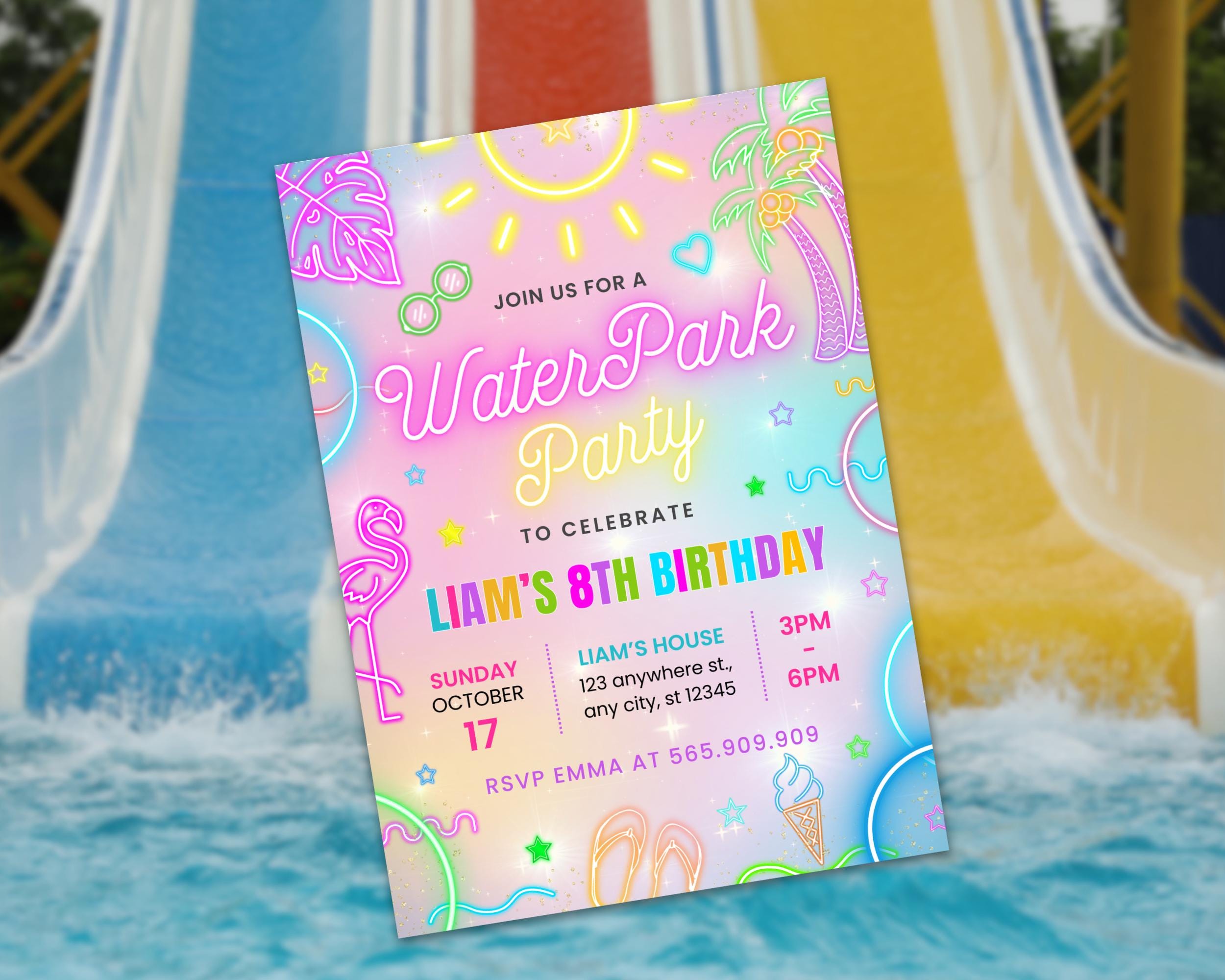 Editable Water Park Party Invitation, Birthday Invite, Glow Neon ...