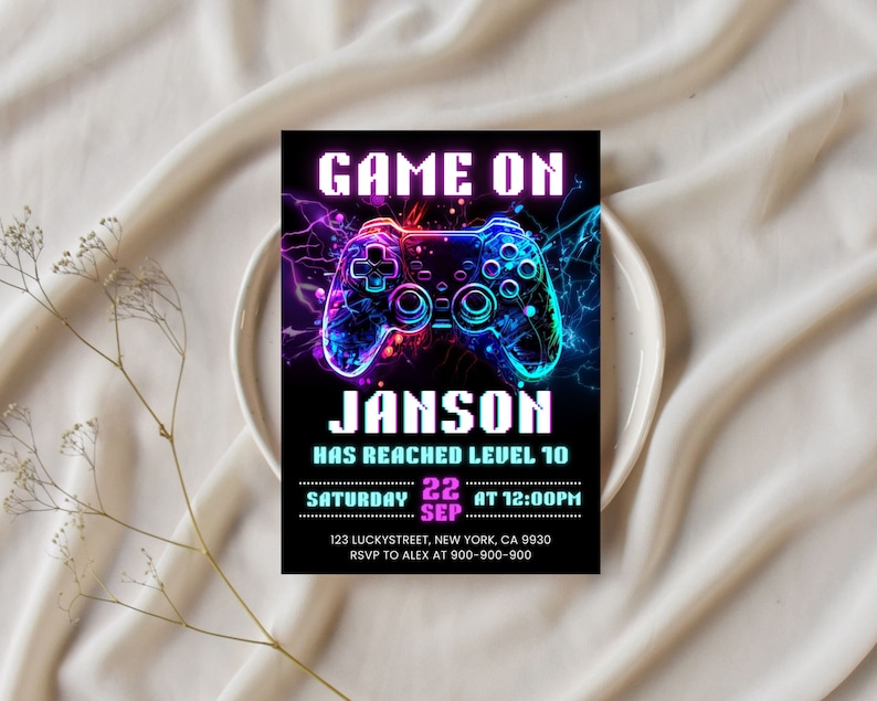 Editable Video Game Birthday Invitation, Printable Neon Glow Boy Gamer ...
