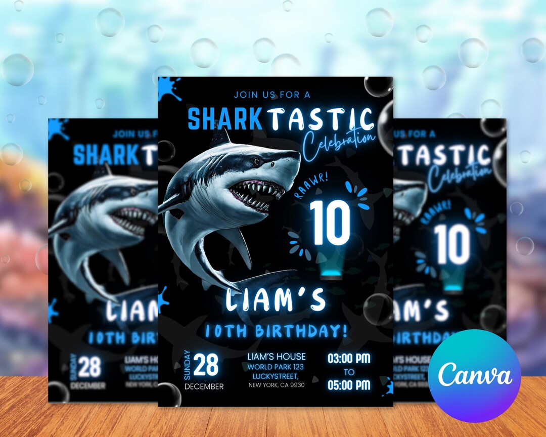 Editable Shark Invitation, Shark Invites, 5x7 Canva, Shark Birthday ...