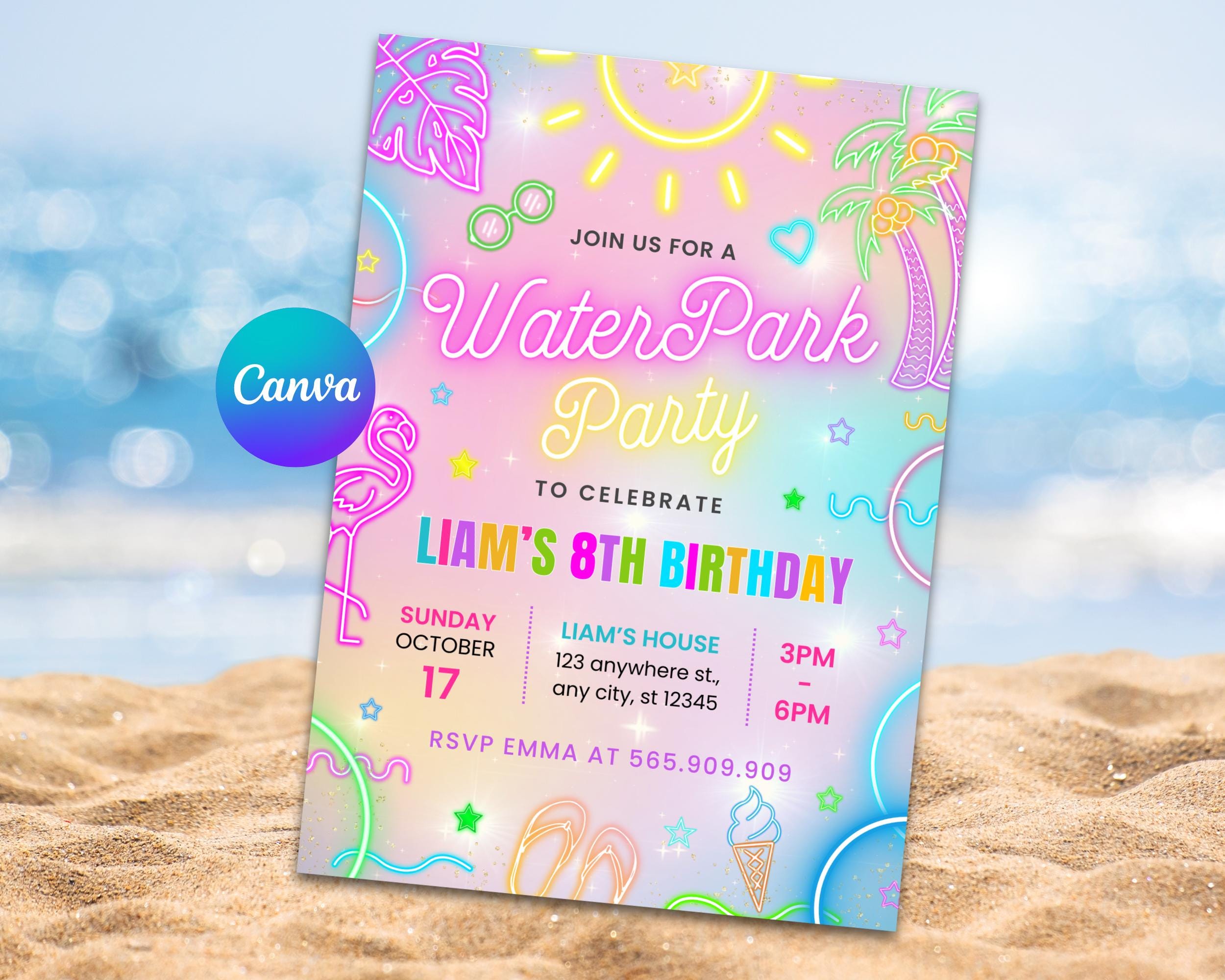 Editable Water Park Party Invitation, Birthday Invite, Glow Neon ...