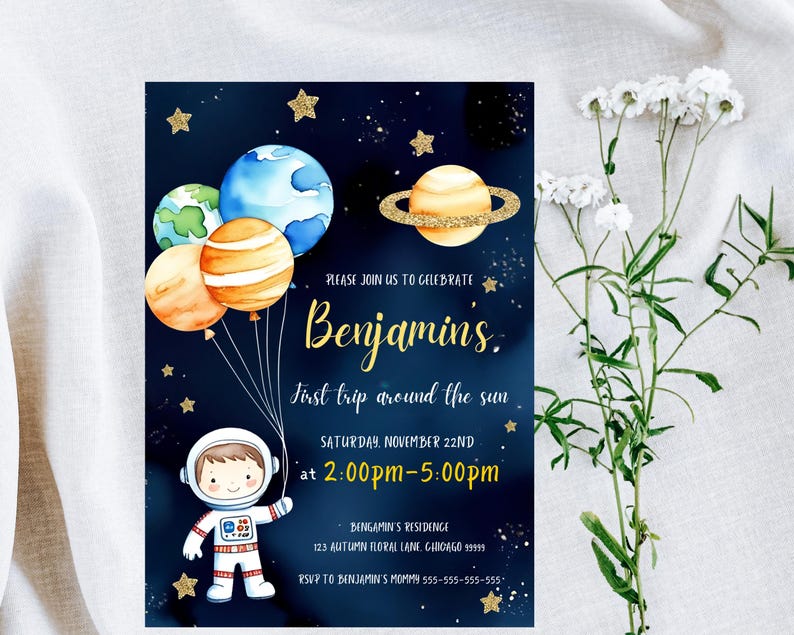 Editable Space Theme First Birthday, First Trip Around the Sun, Space ...
