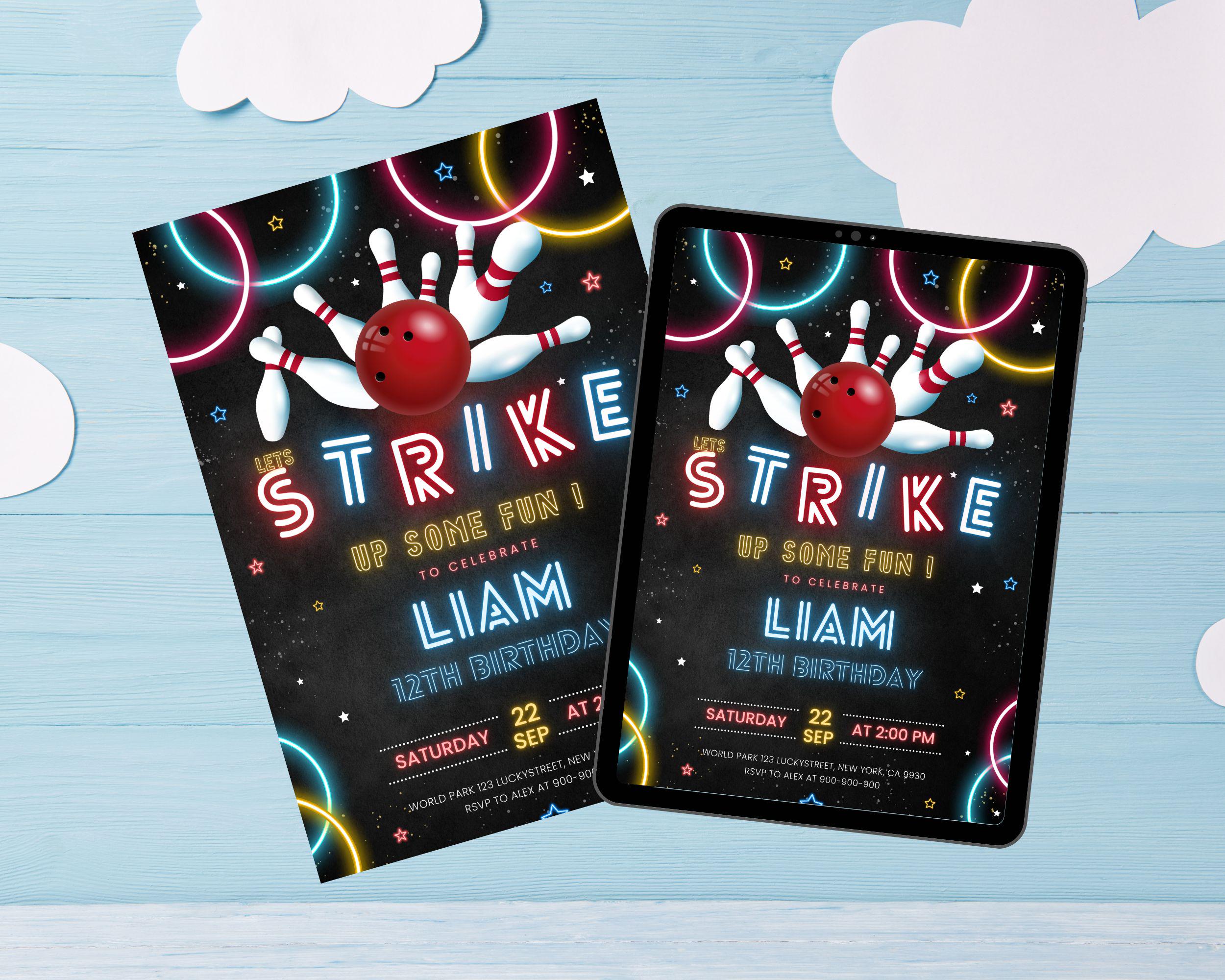 Editable Bowling Birthday Invitation, Glow Bowling Invitation, Strike ...