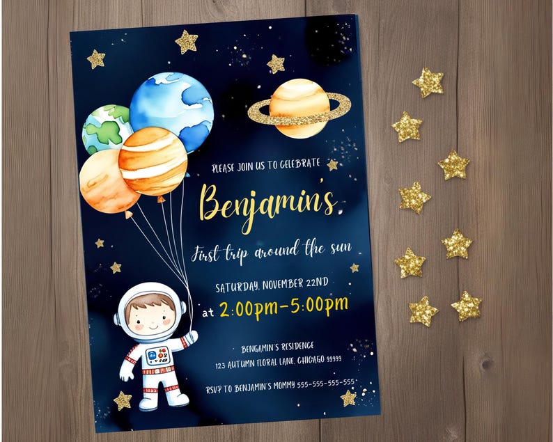 Editable Space Theme First Birthday, First Trip Around the Sun, Space ...