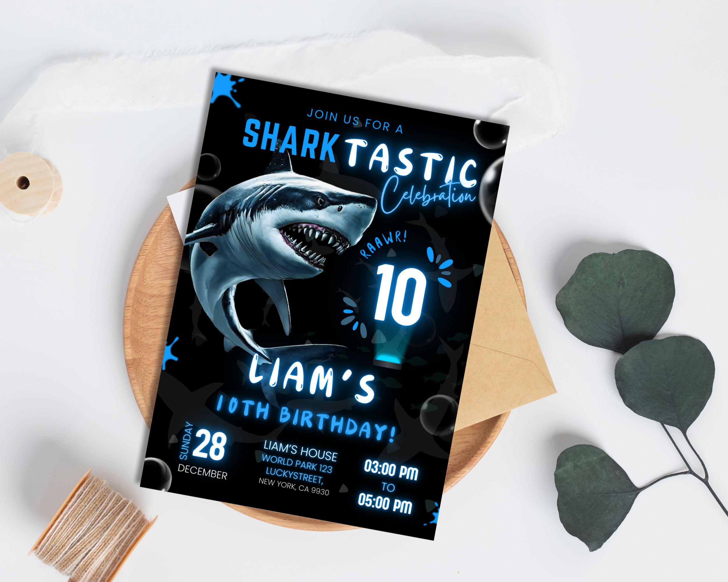 Editable Shark Invitation, Shark Invites, 5x7 Canva, Shark Birthday ...