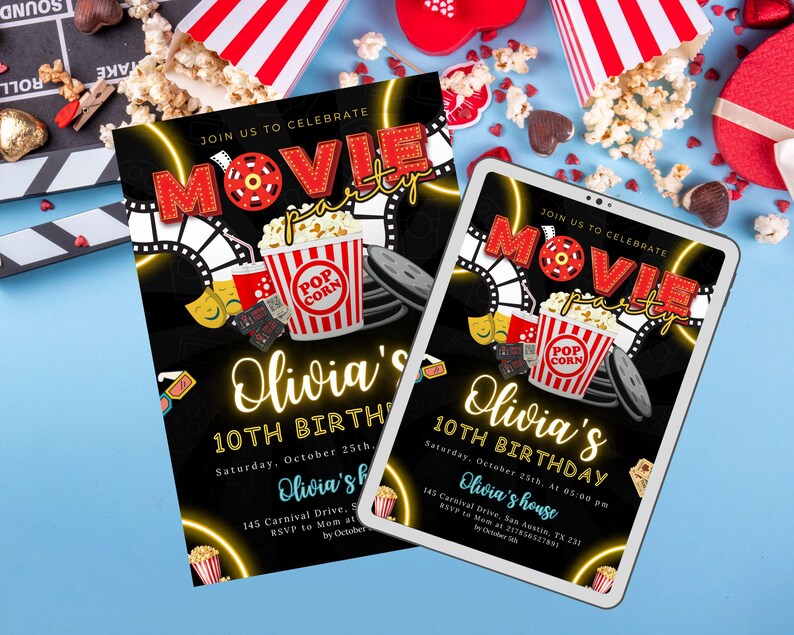 Editable Movie Birthday Invitation, Kids Party Invite (CANVA) - Etsy