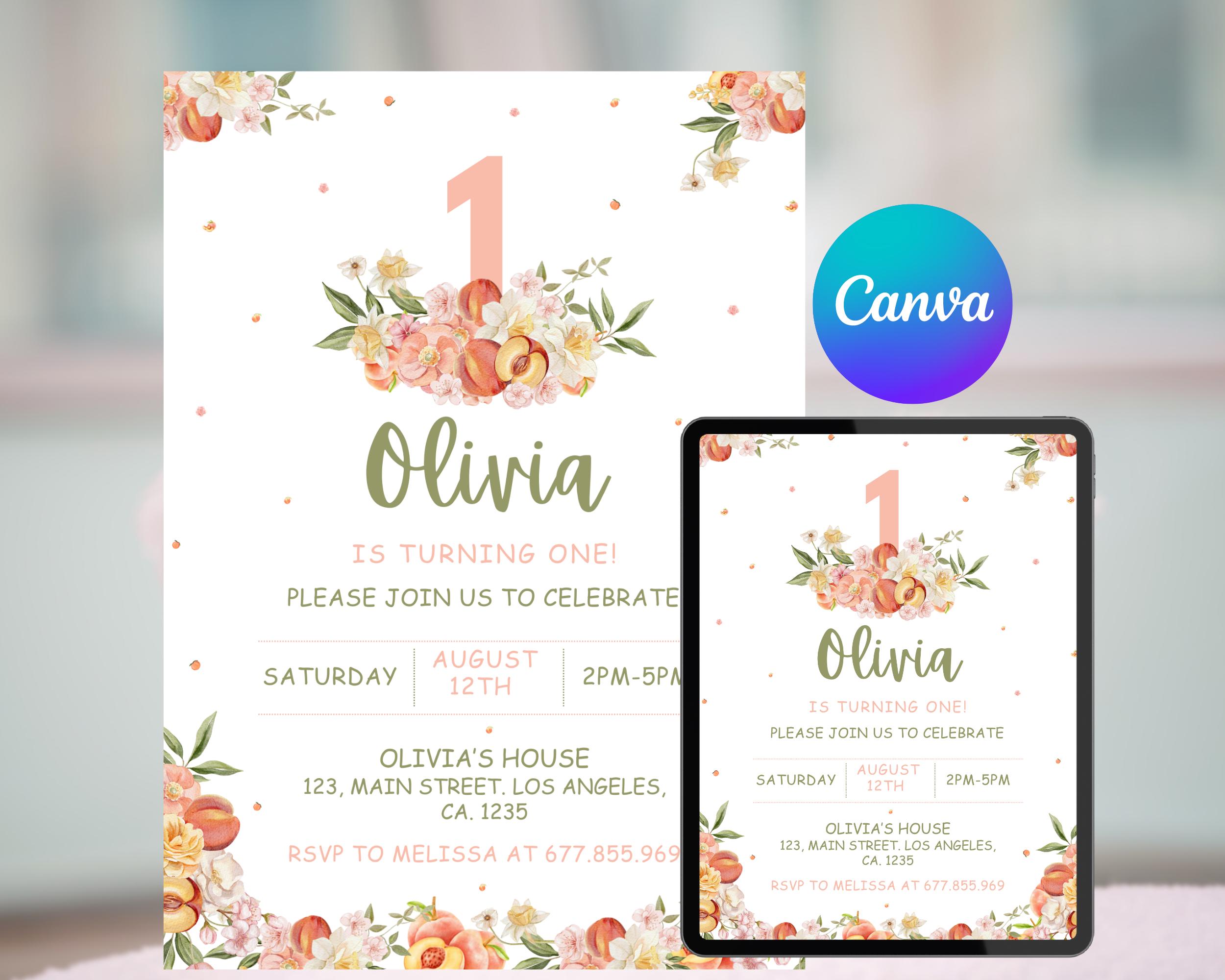 Editable One Sweet Peach Invitation, Girl 1st Birthday Invite, Peach ...