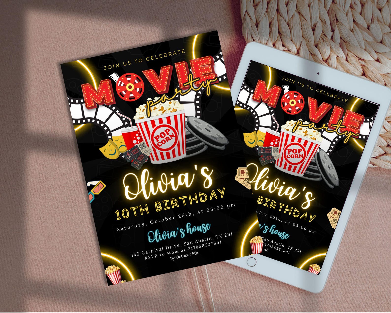 Editable Movie Birthday Invitation, Kids Party Invite (CANVA) - Etsy