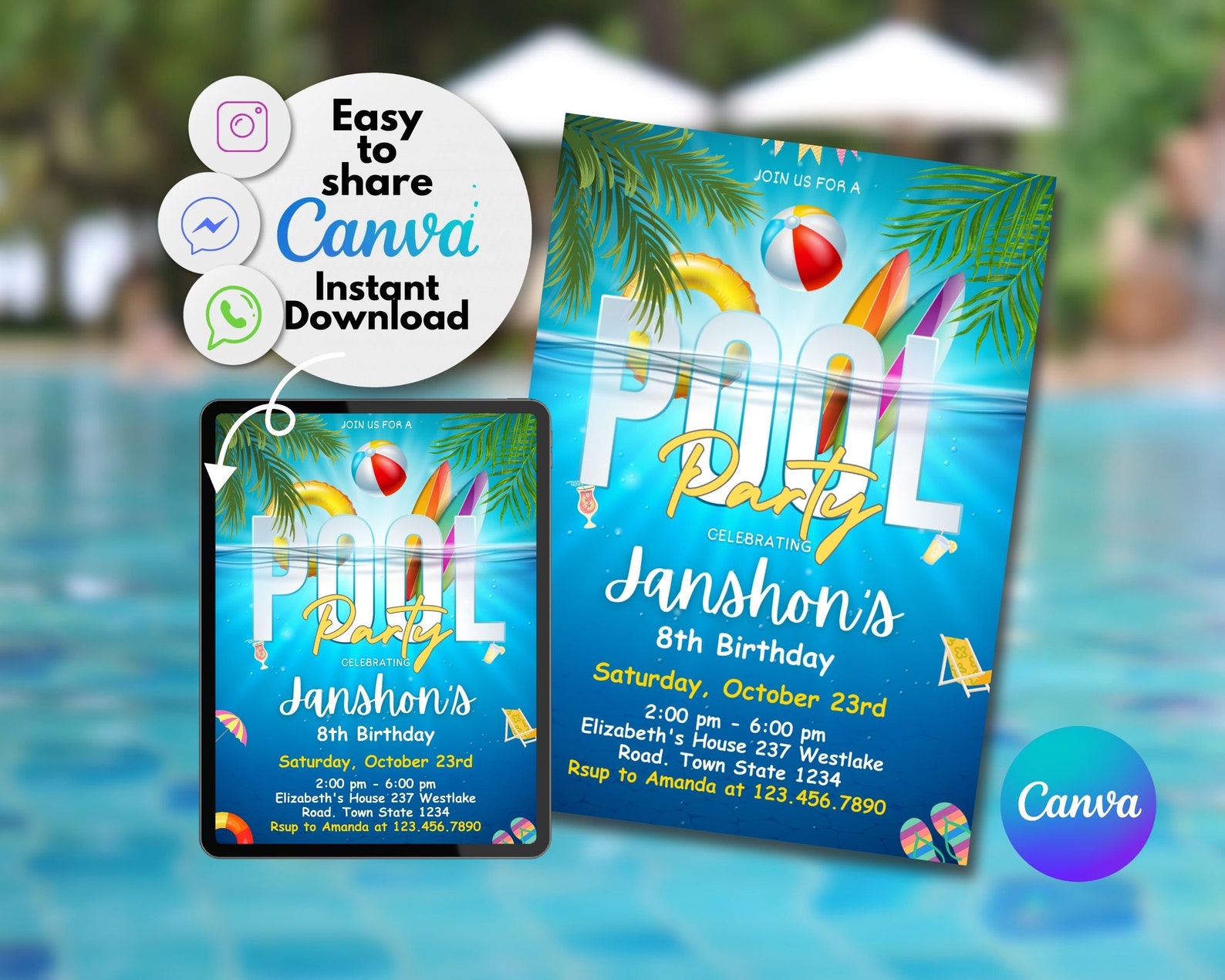 Pool Party Editable Invitation, Swim Party Invite, Summer Birthday ...