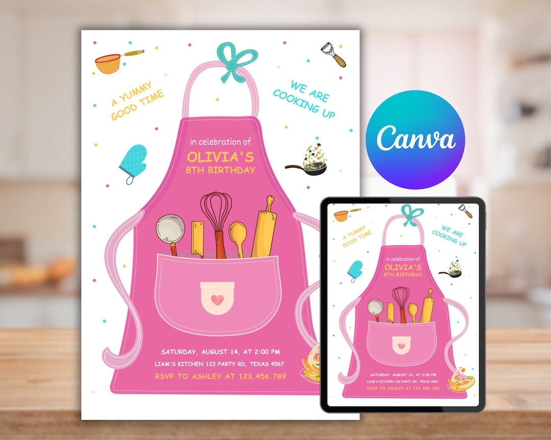 Printable Kids Cooking Birthday Invitation, Editable Pink Girl Chef ...