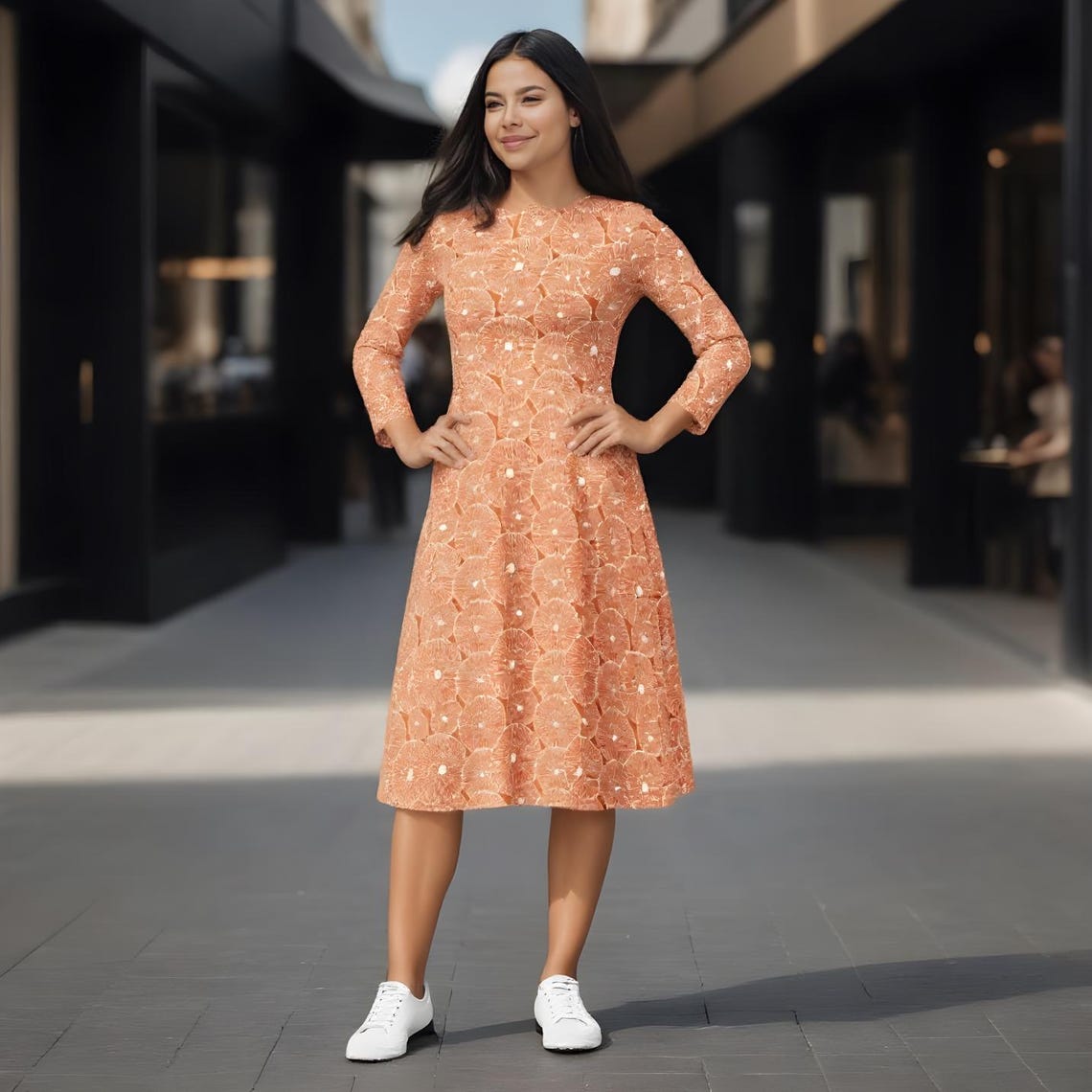 Orange Floral Flowy Fall Dress – Fall Flower Casual Dress Fall Floral ...