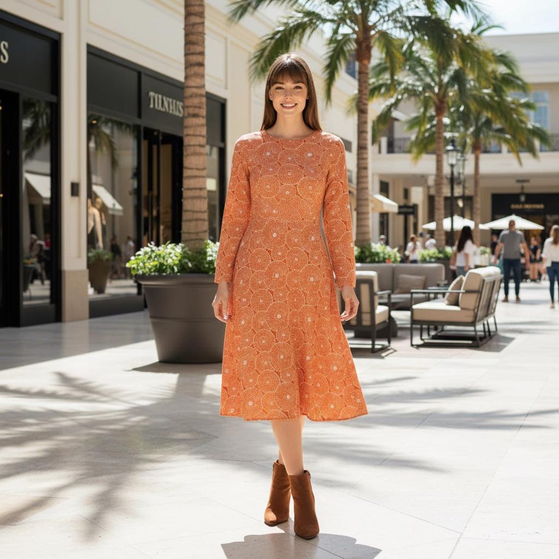 Orange Floral Flowy Fall Dress – Fall Flower Casual Dress Fall Floral ...