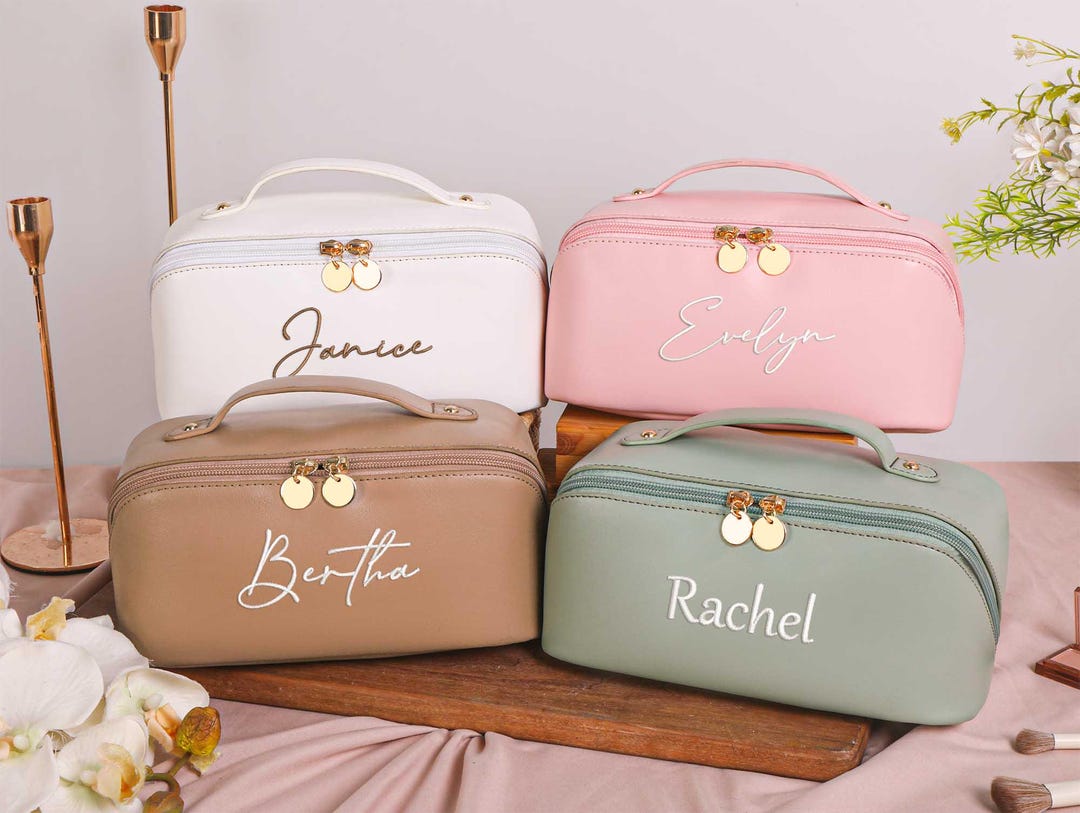 Personalized Embroidered Makeup Bag, Large Leather Capacity Cosmetic ...