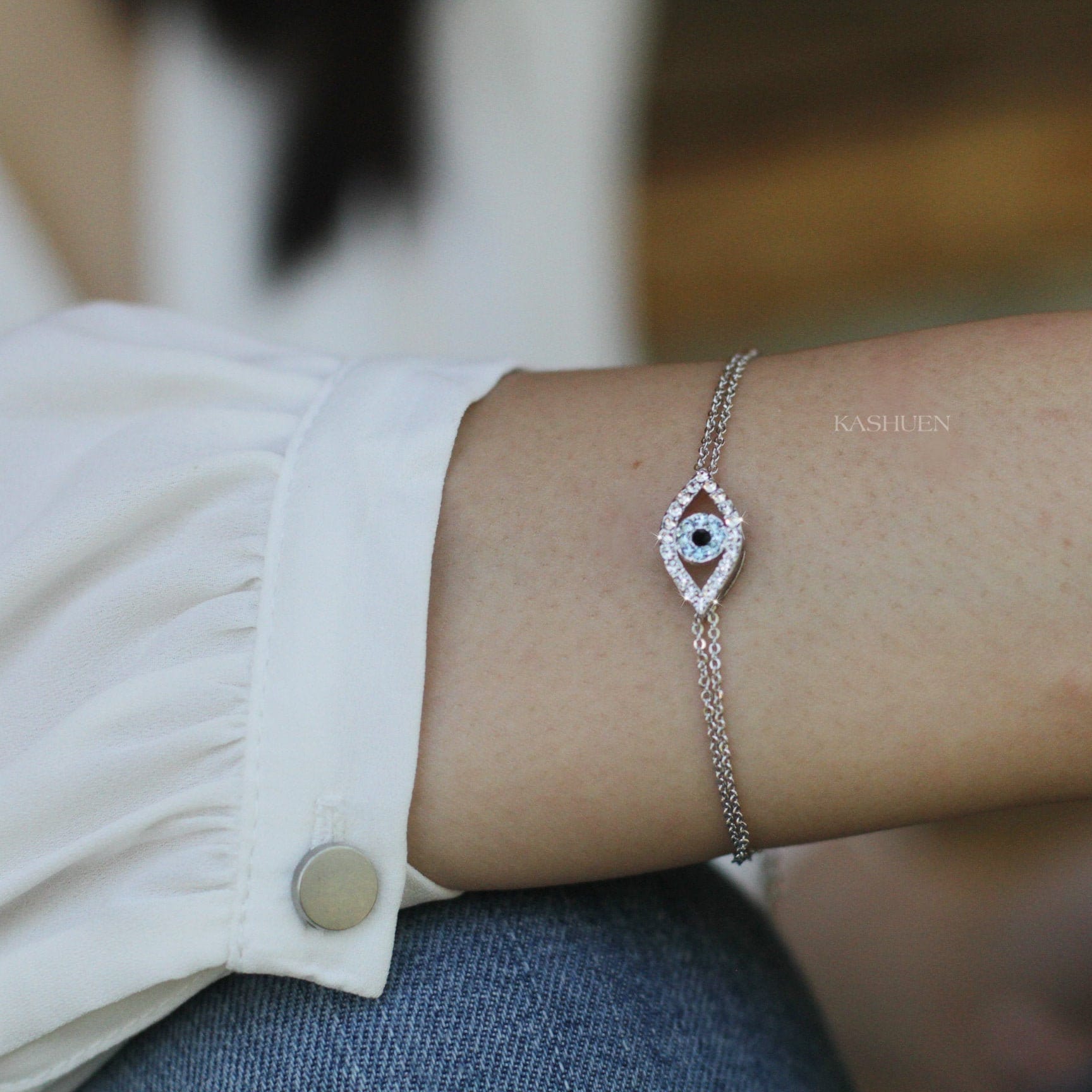 Swarovski Crystal Baby Blue Evil Eye Flower Amulet Nazar Protection Ward Off Charm Double 2 Chain Sterling Silver Turkey Israel Bracelet New
