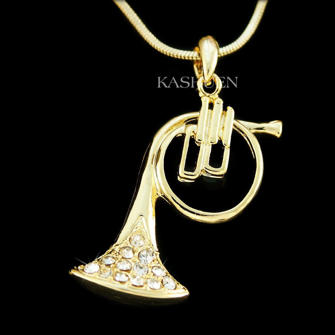 Swarovski Crystal Brass Gold FRENCH HORN Necklace Cornet Musician Music ...