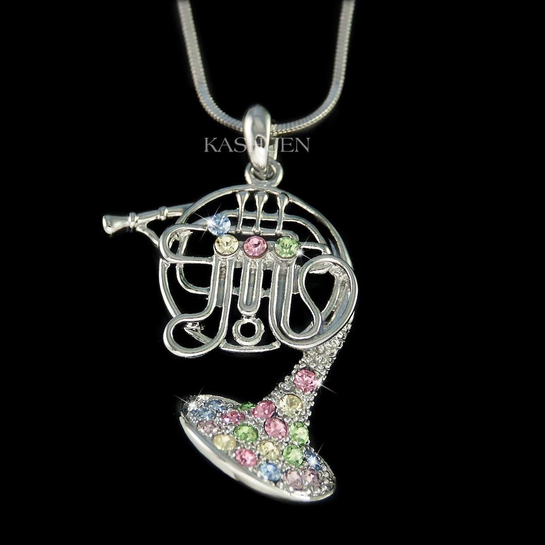 Swarovski Crystal Rainbow Brass French Horn Necklace, Band Trumpet ...