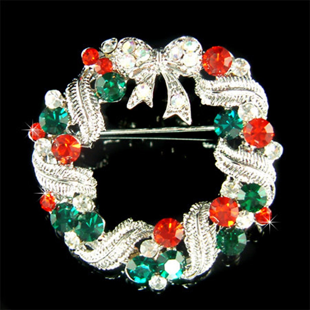 Green Red Swarovski Crystal Christmas Wreath Garland Pin Brooch Jewelry ...