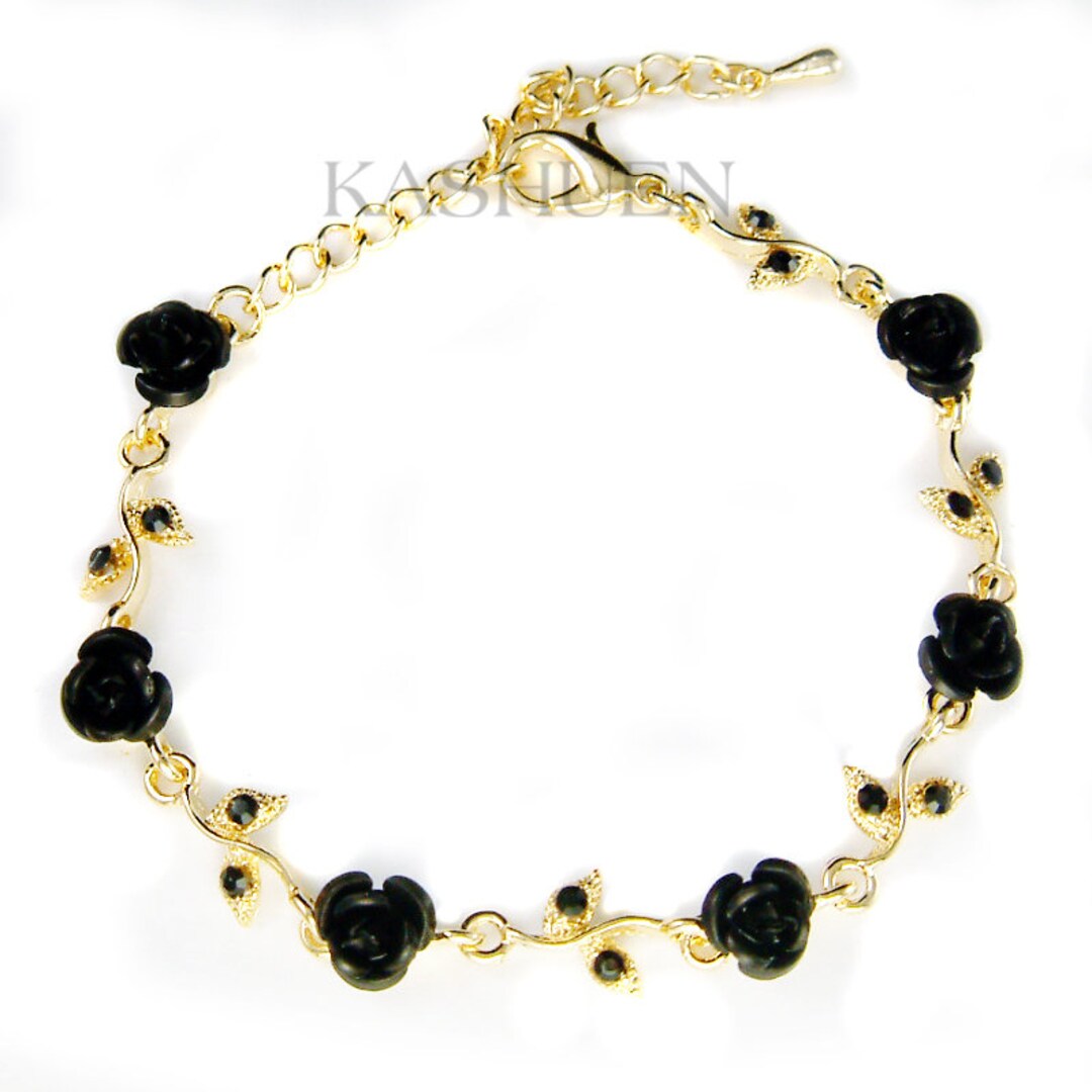 Swarovski Crystal Jet Black Rose Flower Floral Charm Gold Tone Chain ...