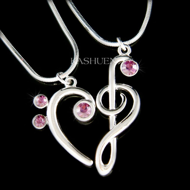 2 Pink Swarovski Crystal TREBLE G Bass CLEF Necklace Set Love Music ...